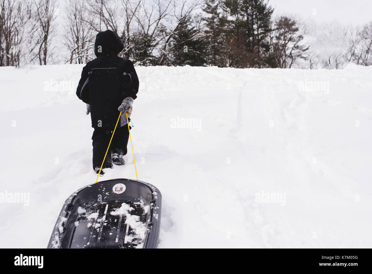 Young boy pulling a sled up a snow covered hill in the winter Stock ...