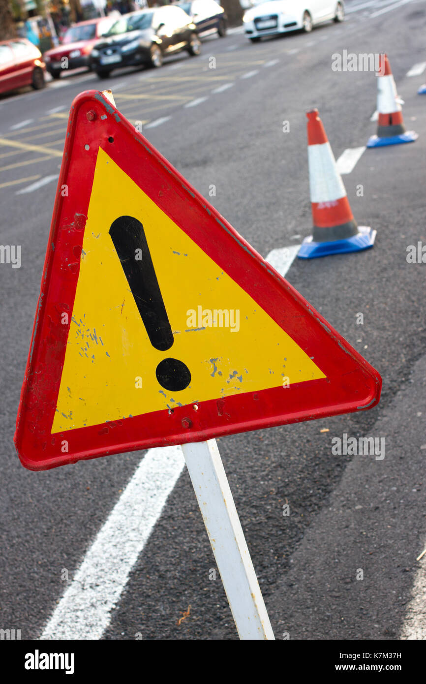 Attention sign. Road traffic limited. Triangle with red border. Bypass ...