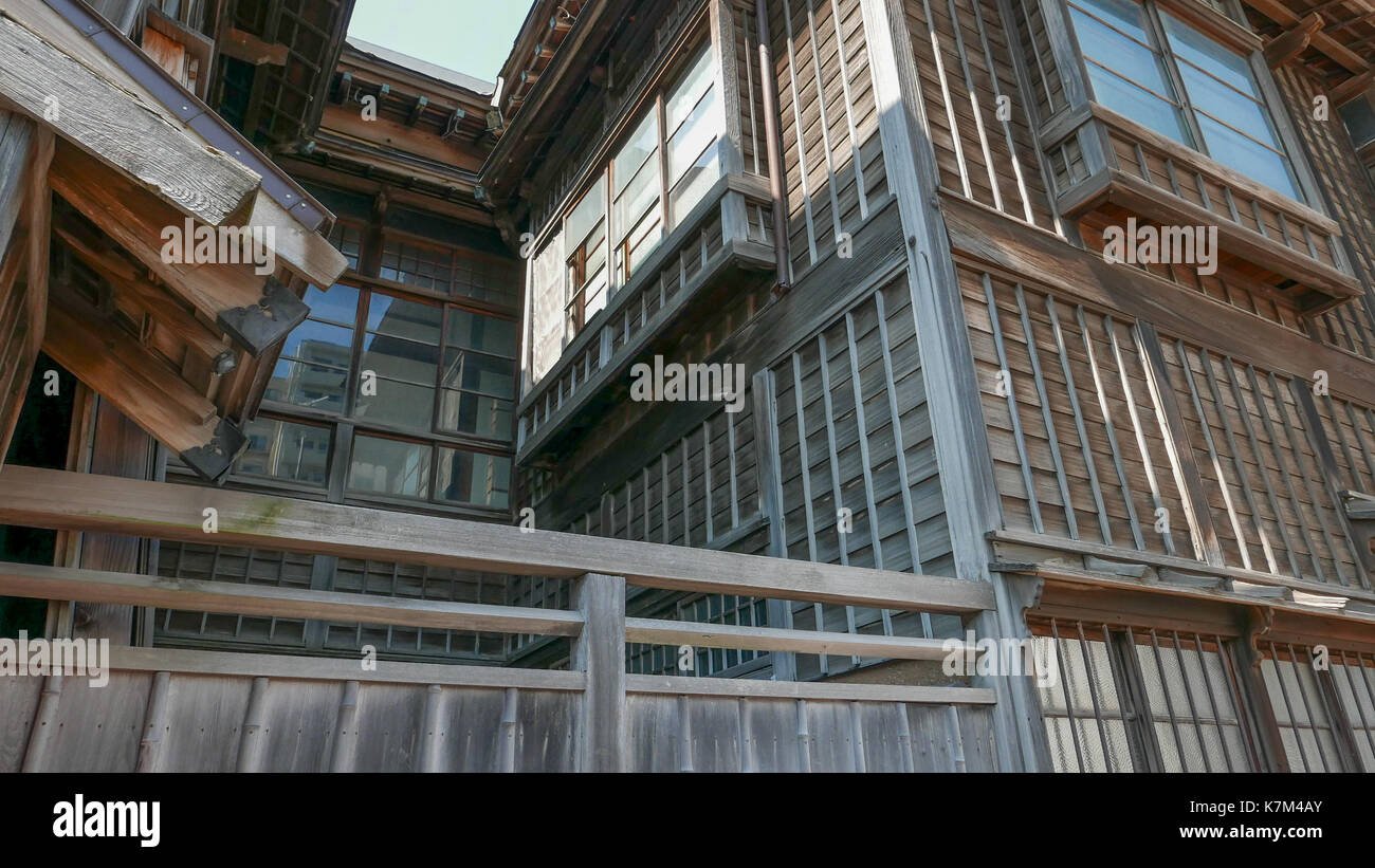 Traditional old wood and bamboo multi storey building in Otaru Japan ...