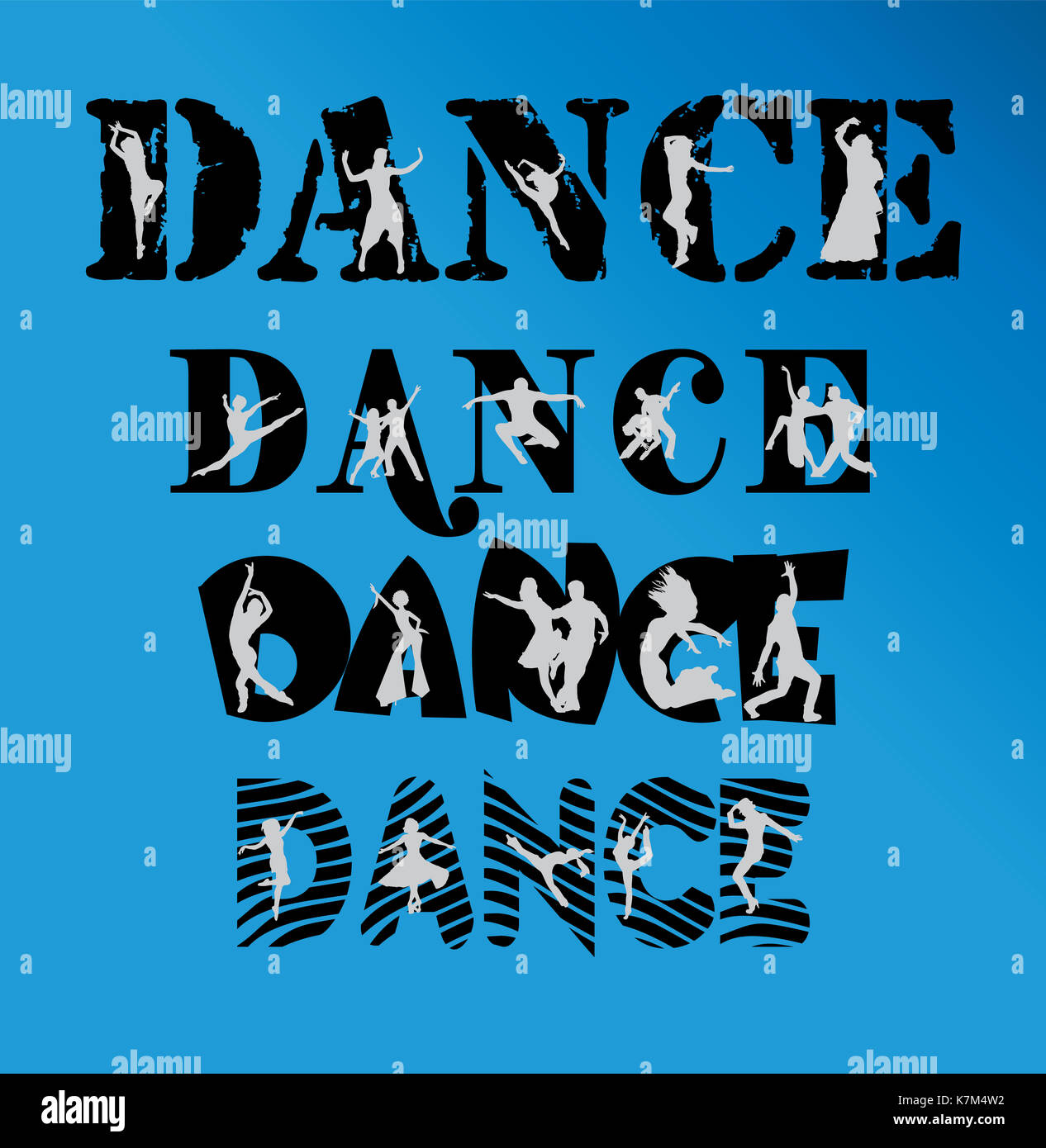 Set of inscription, sign dance with silhouette of dancing people ...