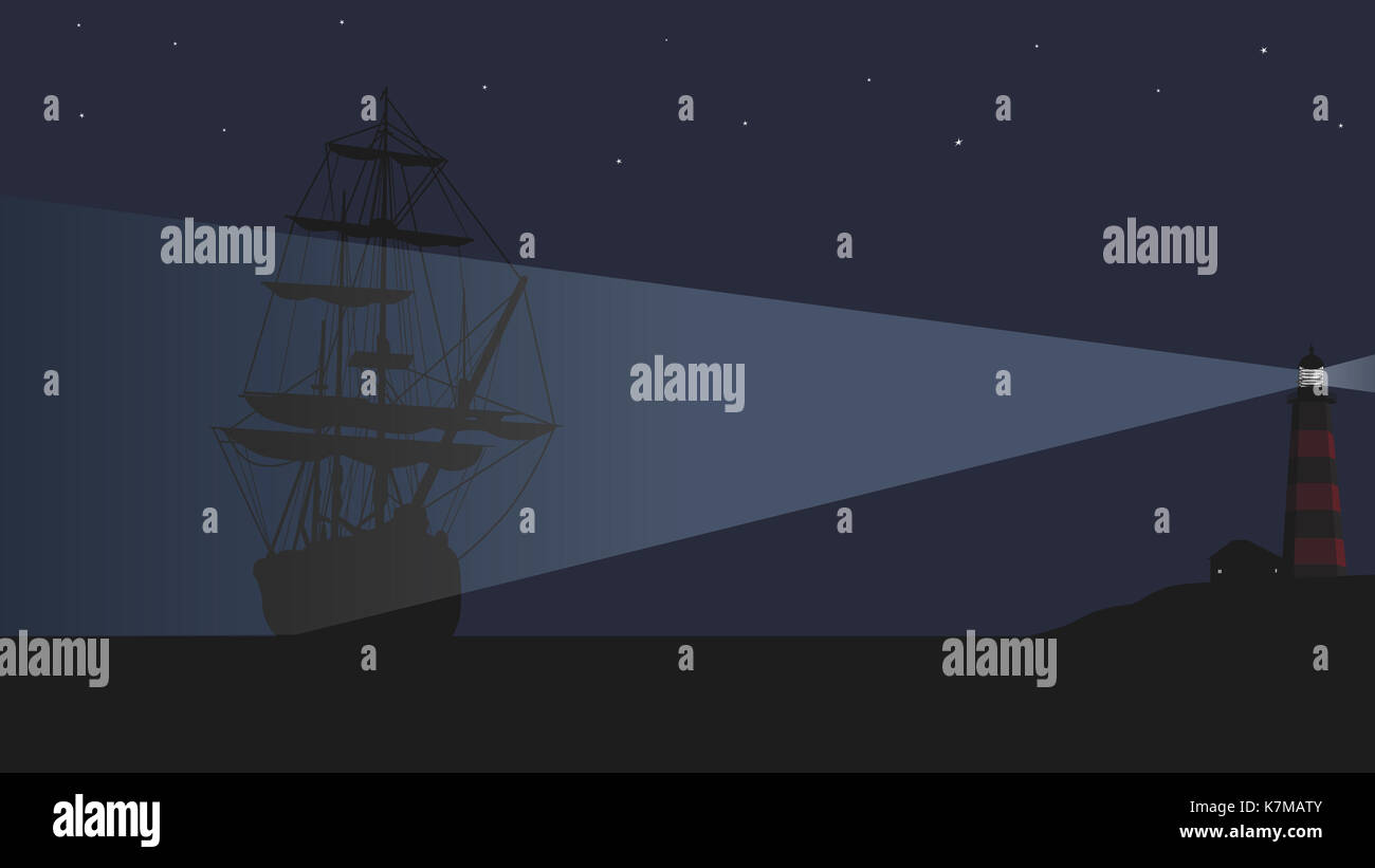 A lighthouse and a large sailing ship Stock Photo - Alamy