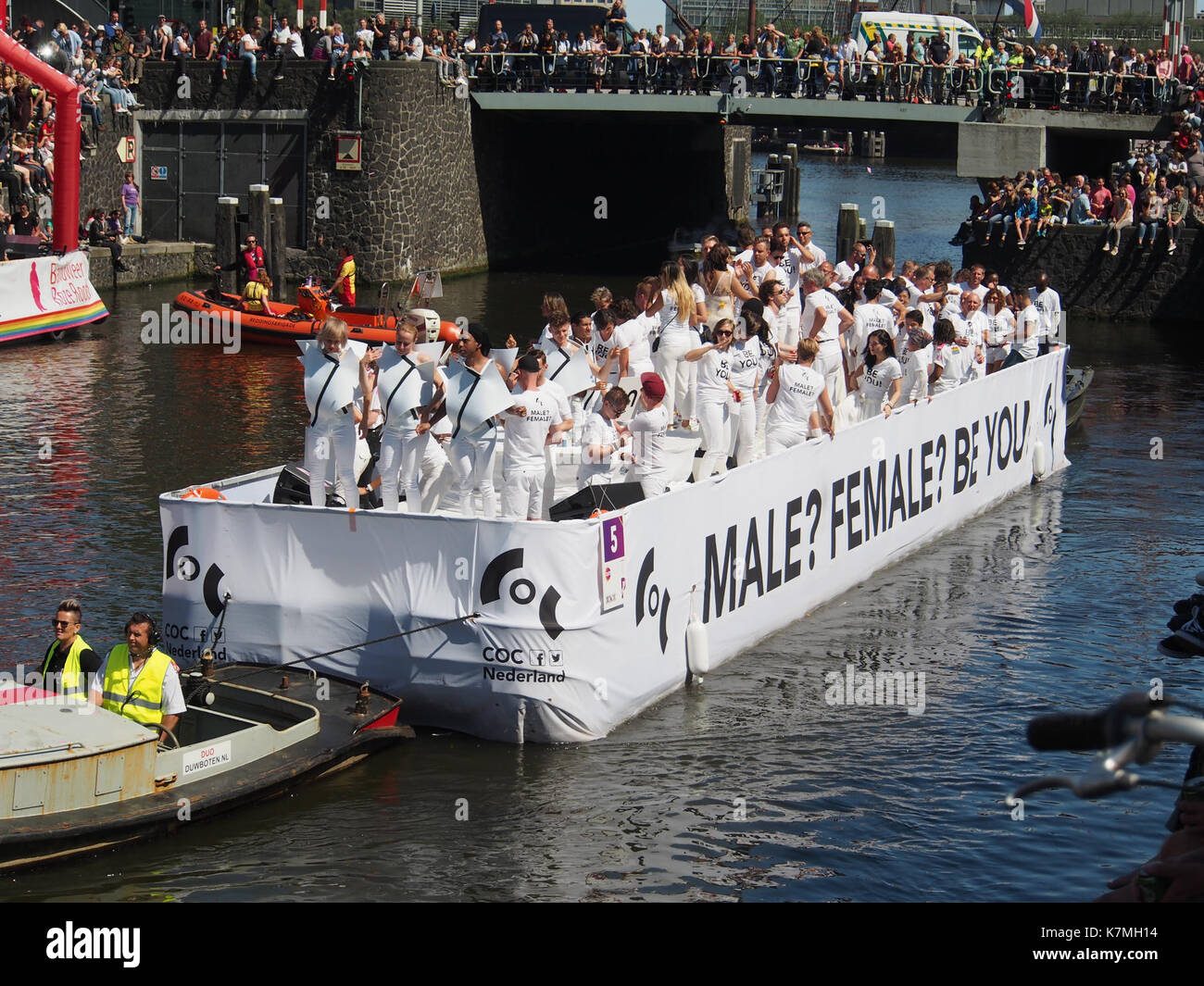 A photograph from the 2017 Canal Parade in Amsterdam, showing a boat ...