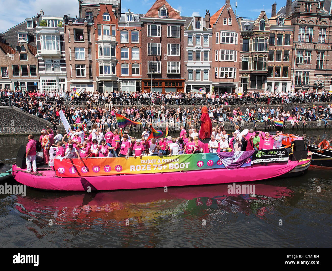 A vibrant boat from the 2017 Amsterdam Canal Parade, showcasing the ...