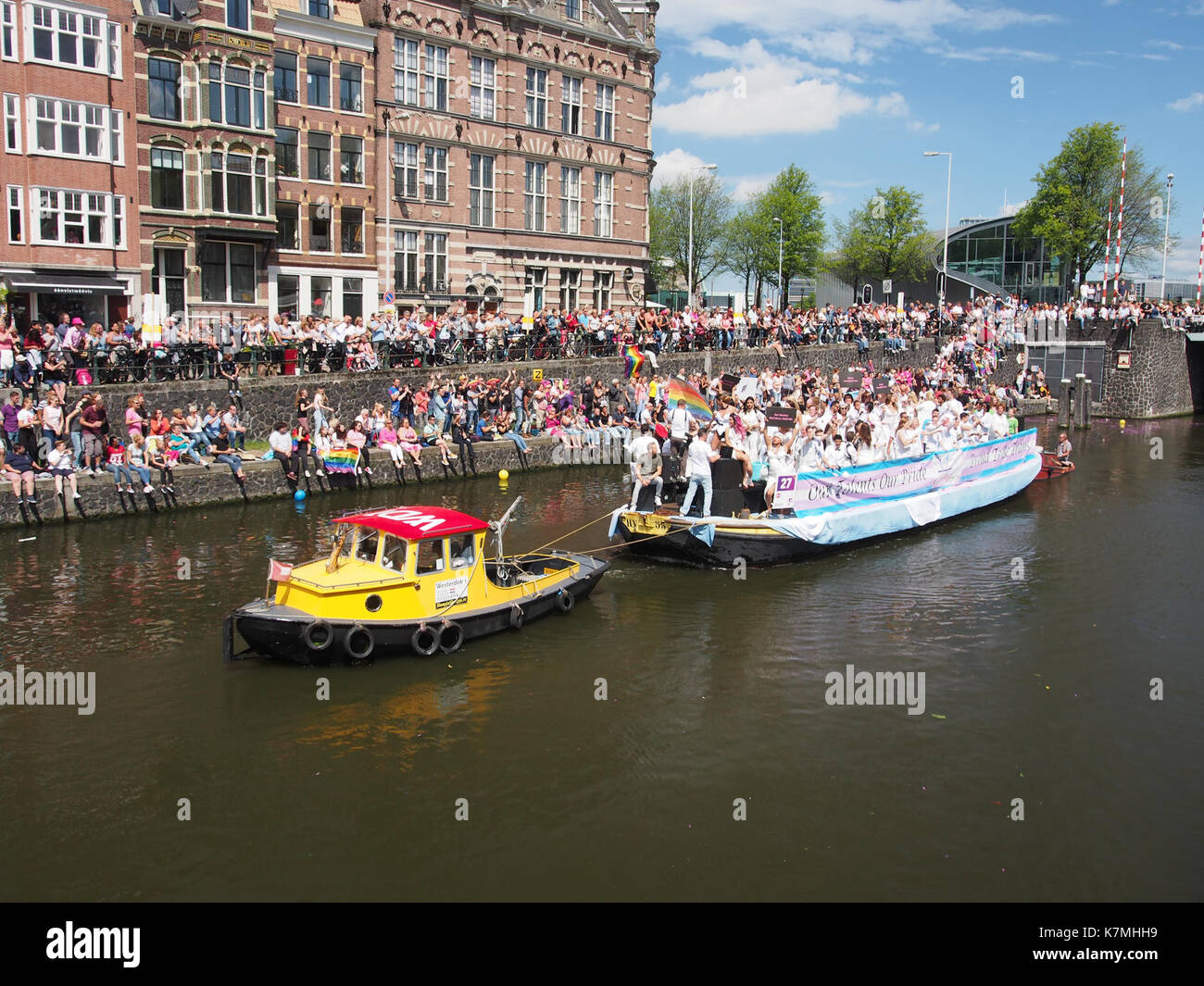 A photograph from the 2017 Canal Parade in Amsterdam, featuring a boat ...