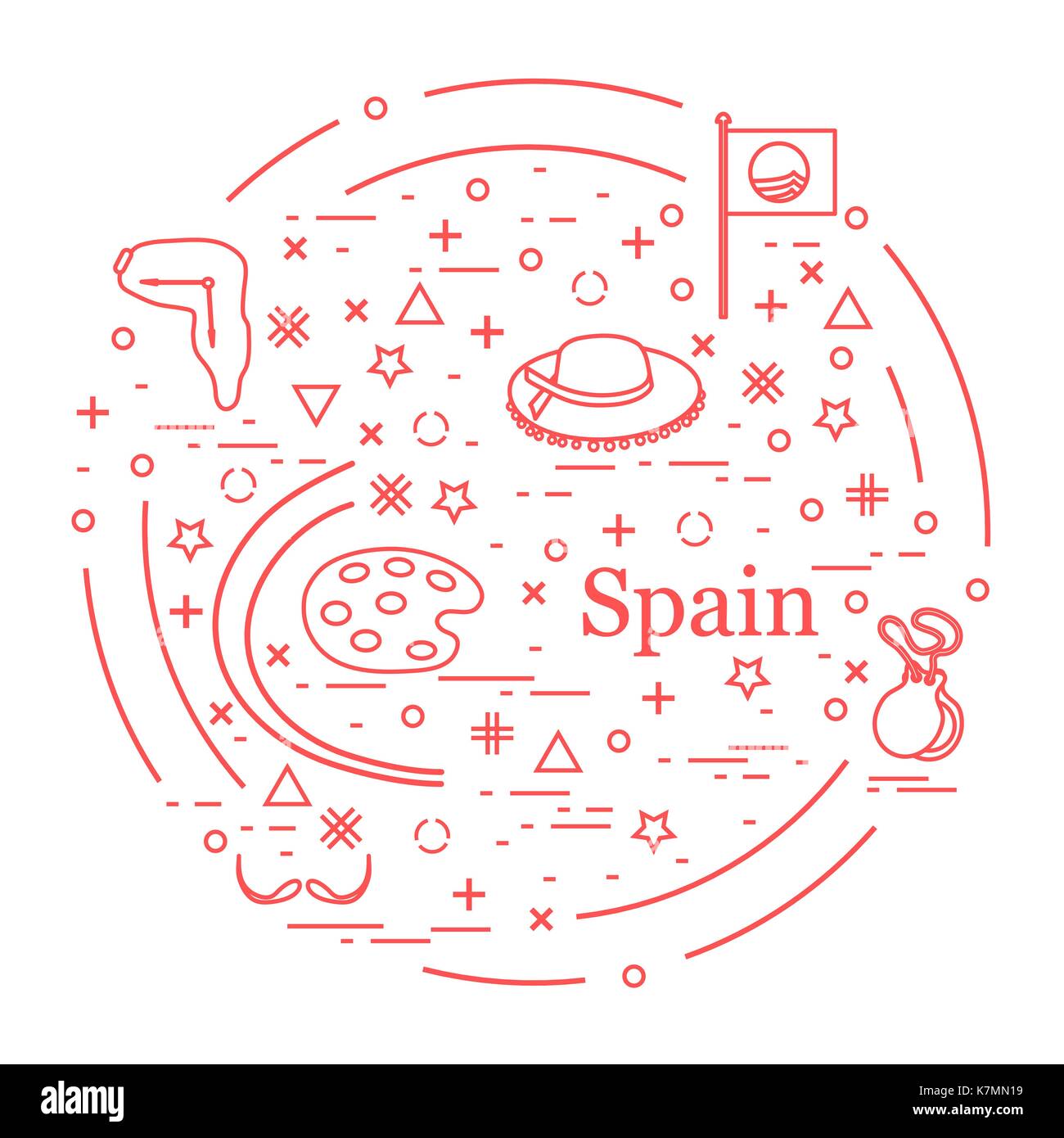 Vector illustration with various symbols of Spain arranged in a circle ...