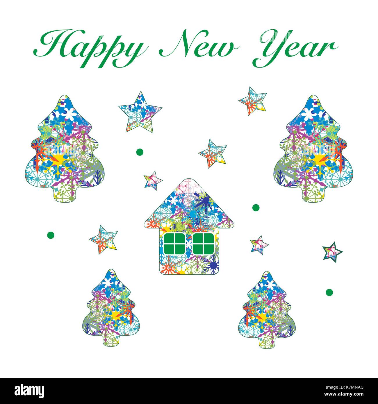 Christmas tree, house, stars with ornament. Design for postcard, banner ...