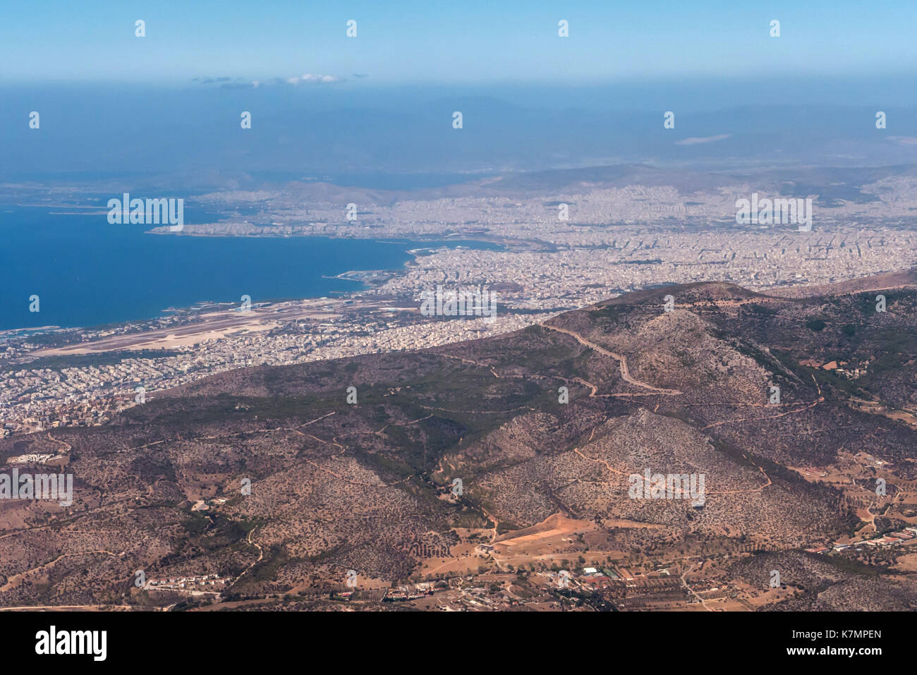 Aerial view of Athens and Attica taken from an airplane window Stock ...