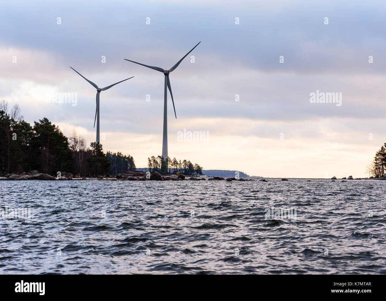 Renewable wind technology: energy turbines near port of Kotka, Finland ...