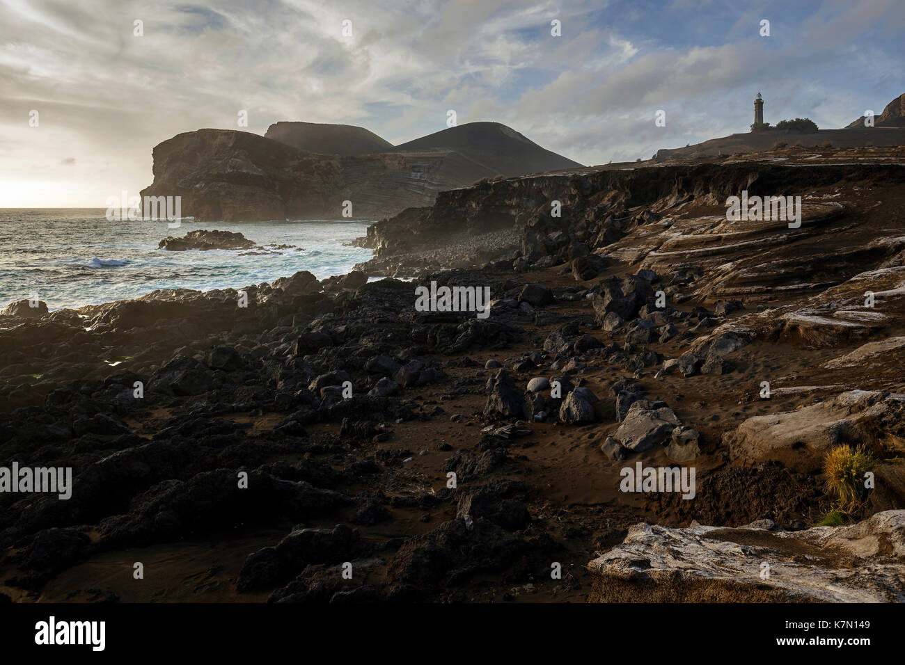 Volcanic landscape, Capelinhos volcano, Ponta dos Capelinhos, evening ...