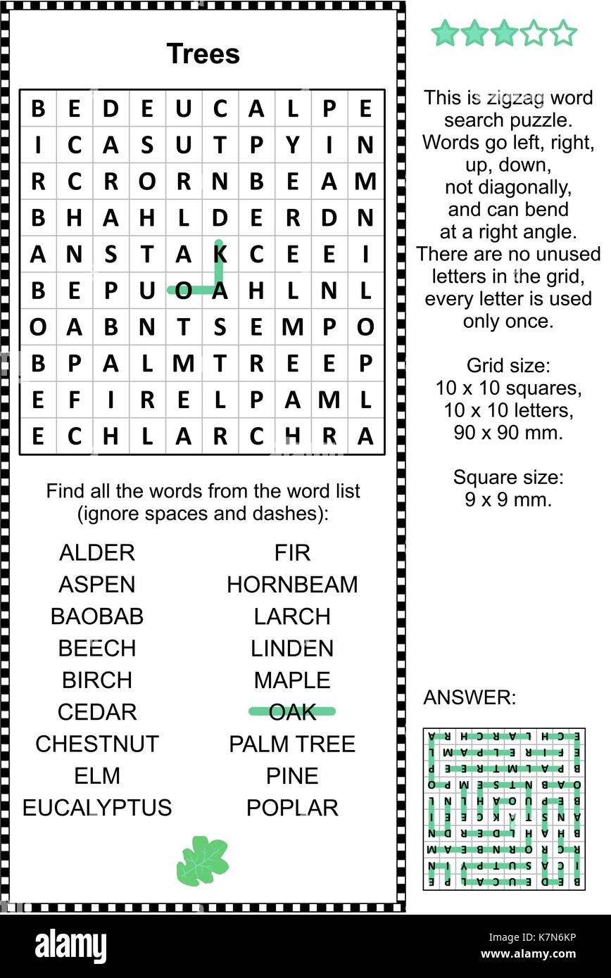 Trees themed zigzag word search puzzle (suitable both for kids and ...