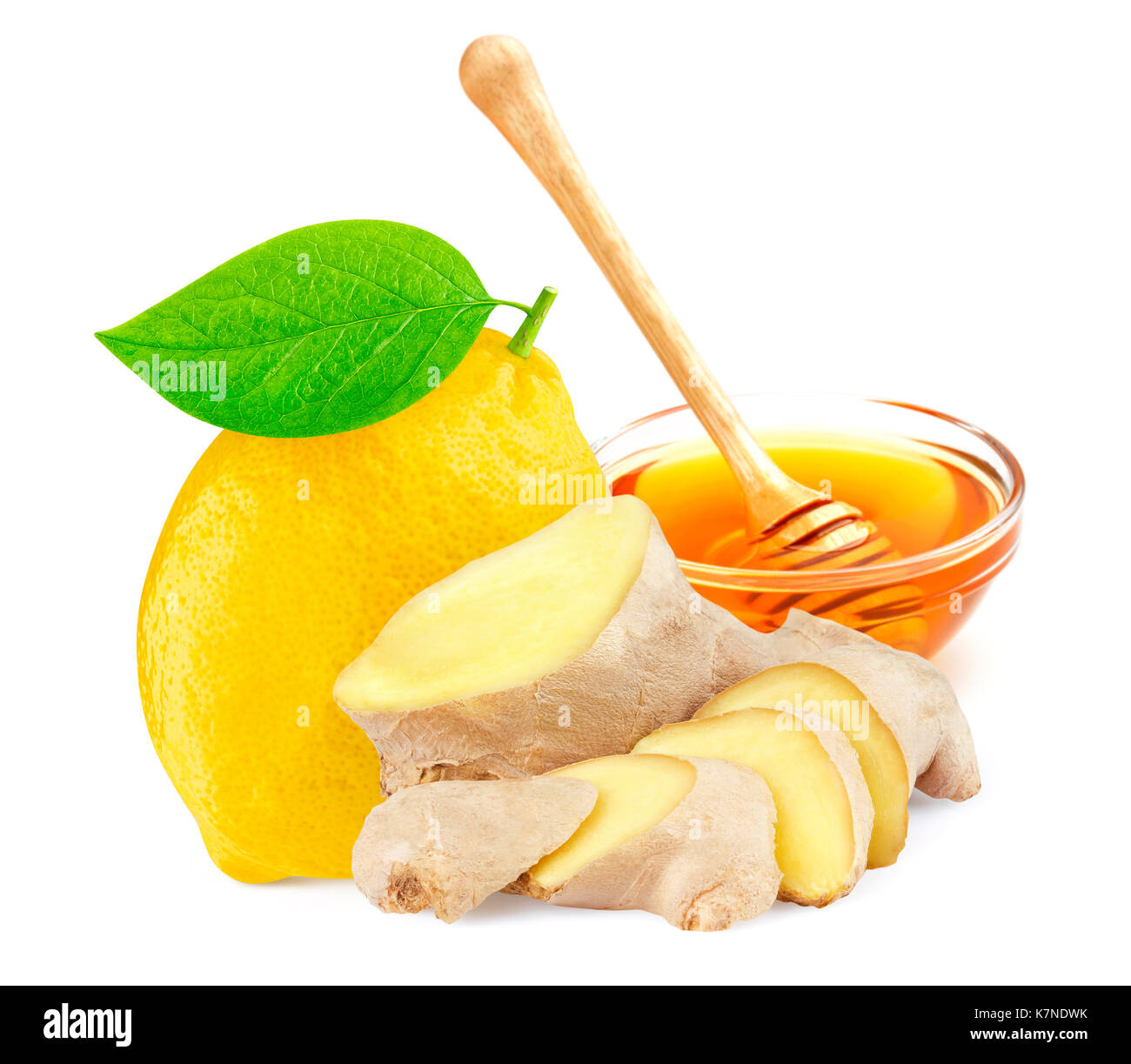Lemon with honey and ginger root isolated on white background Stock ...