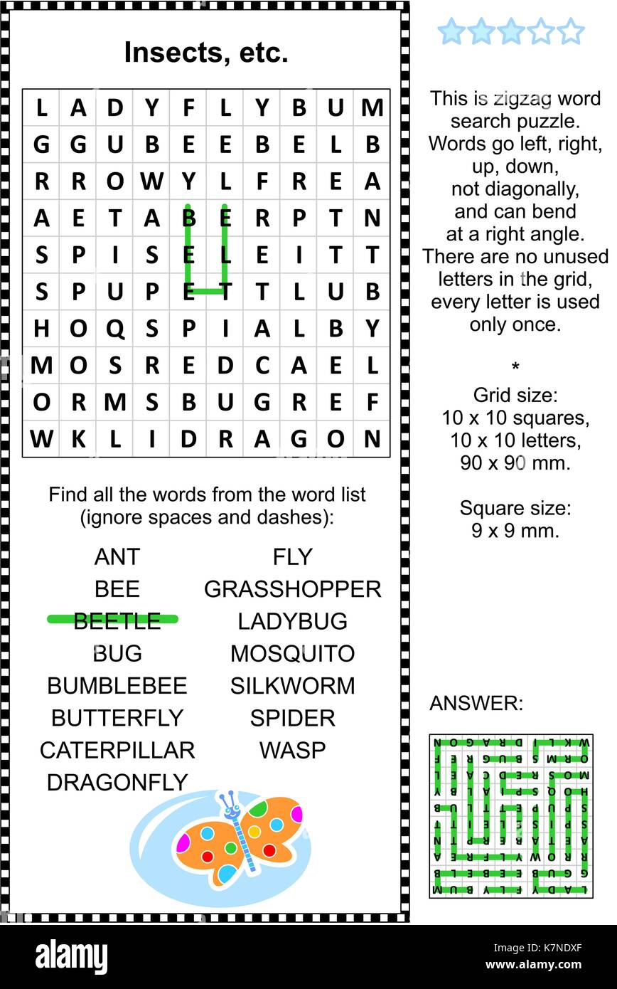 Insects, etc. themed word search puzzle. Answer included Stock Vector ...