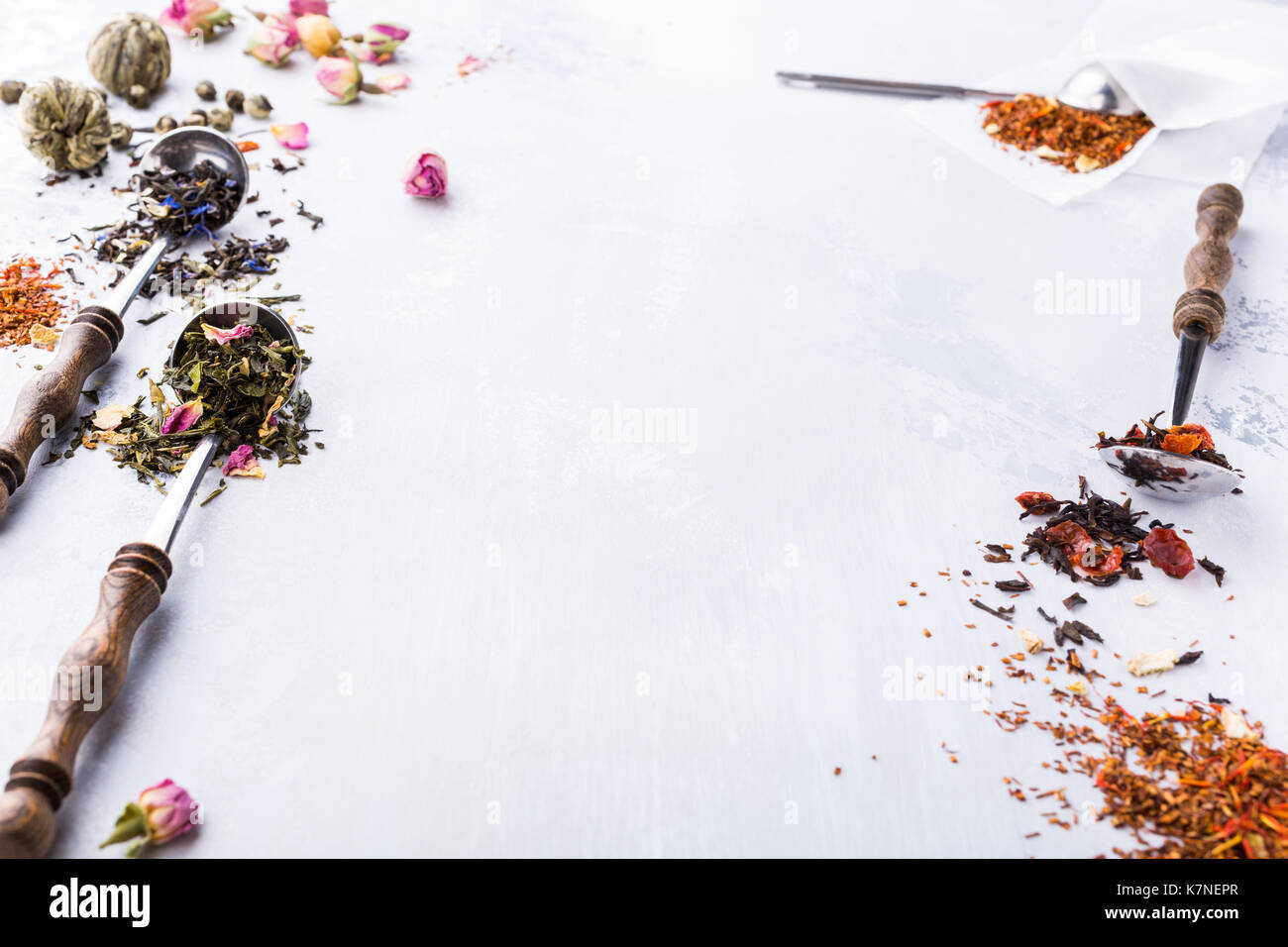 Background with different types of tea leaves Stock Photo - Alamy