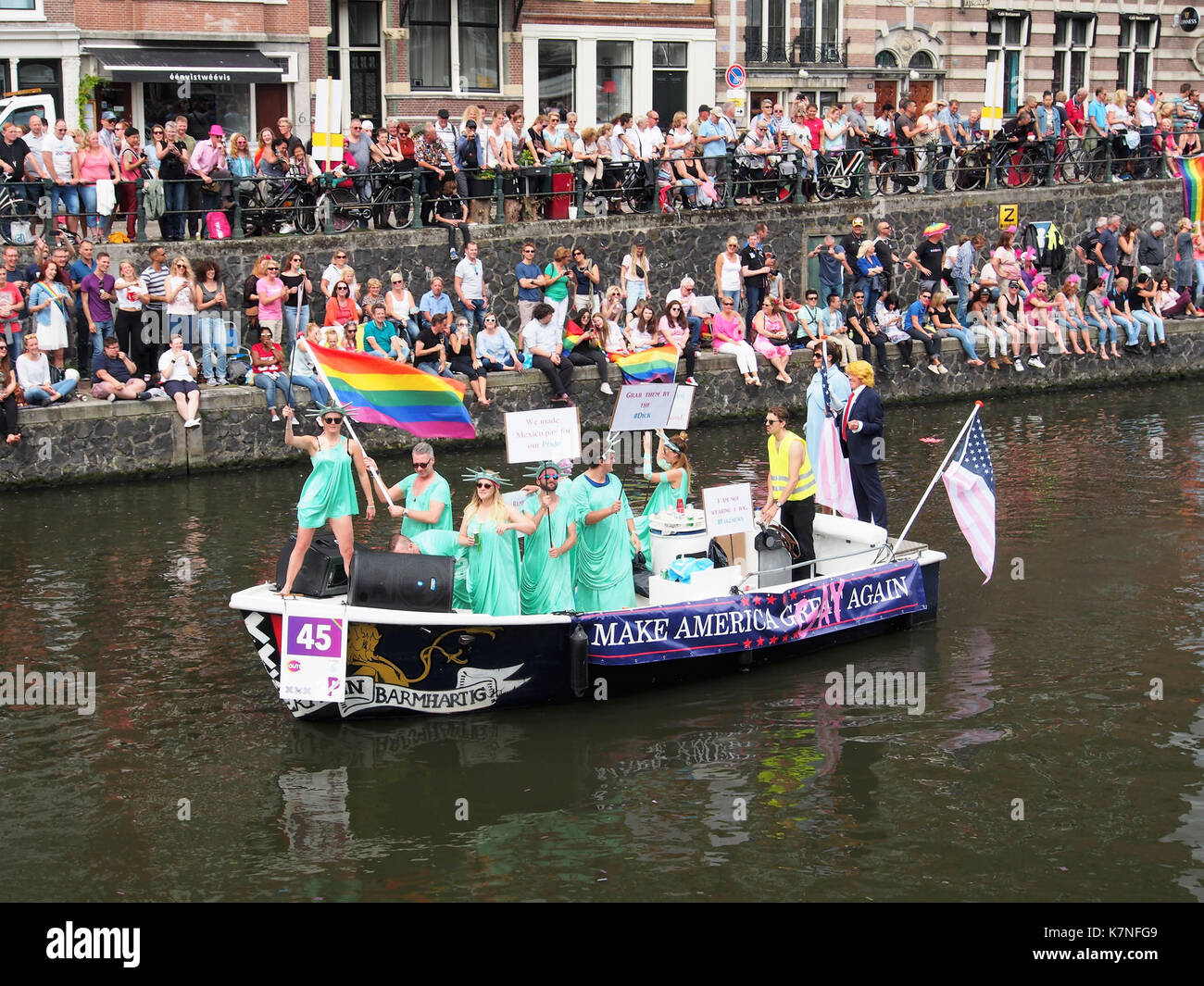 Boat 45 in the 2017 Canal Parade in Amsterdam, part of the LGBTQ+ pride ...