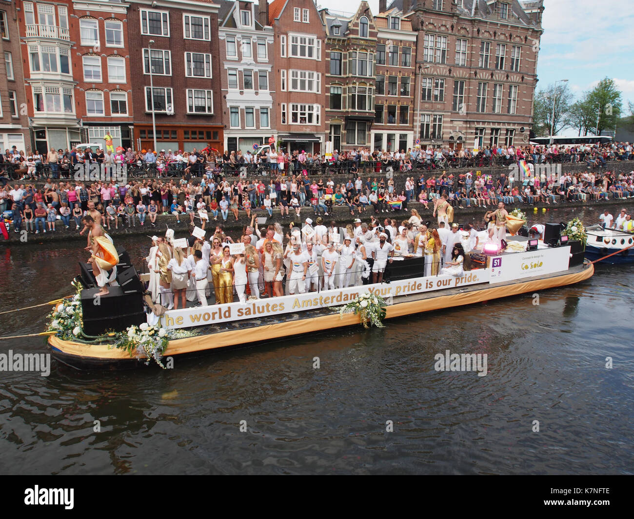 This image captures a boat during the Canal Parade in Amsterdam in 2017 ...