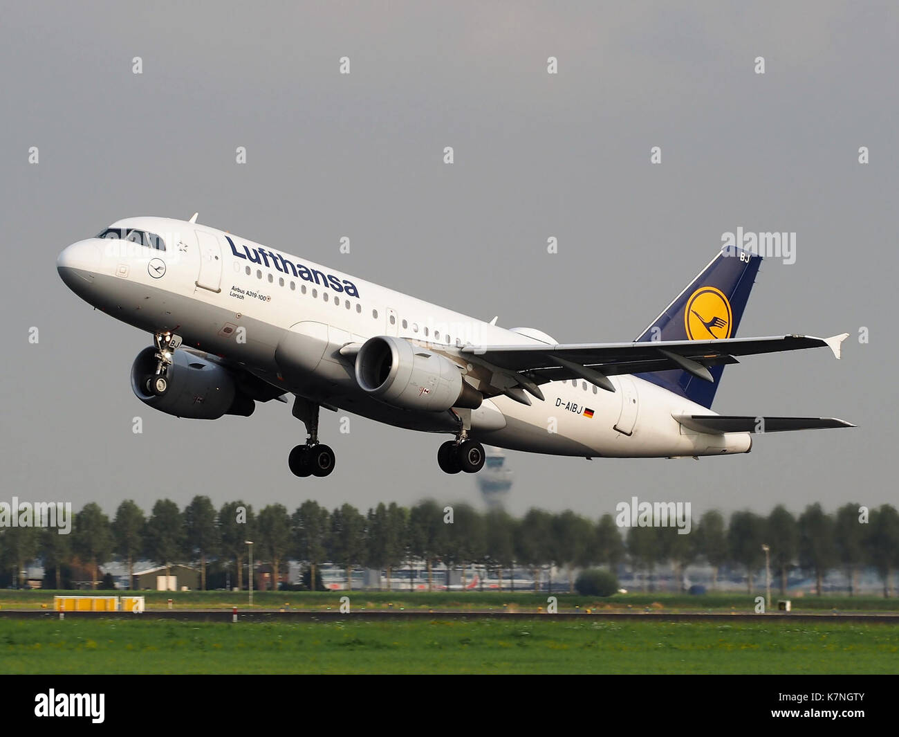 A Lufthansa Airbus A319-112, registration D-AIBJ, takes off from ...