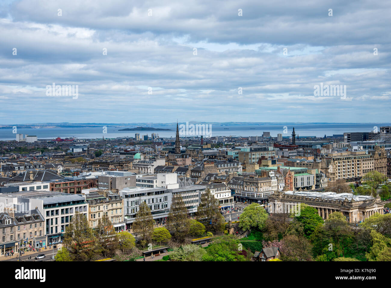 A view to Edinburgh city and river Forth from the castle wall, Scotland ...