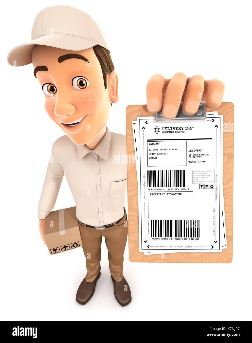 3d delivery man signature request, illustration with isolated white ...