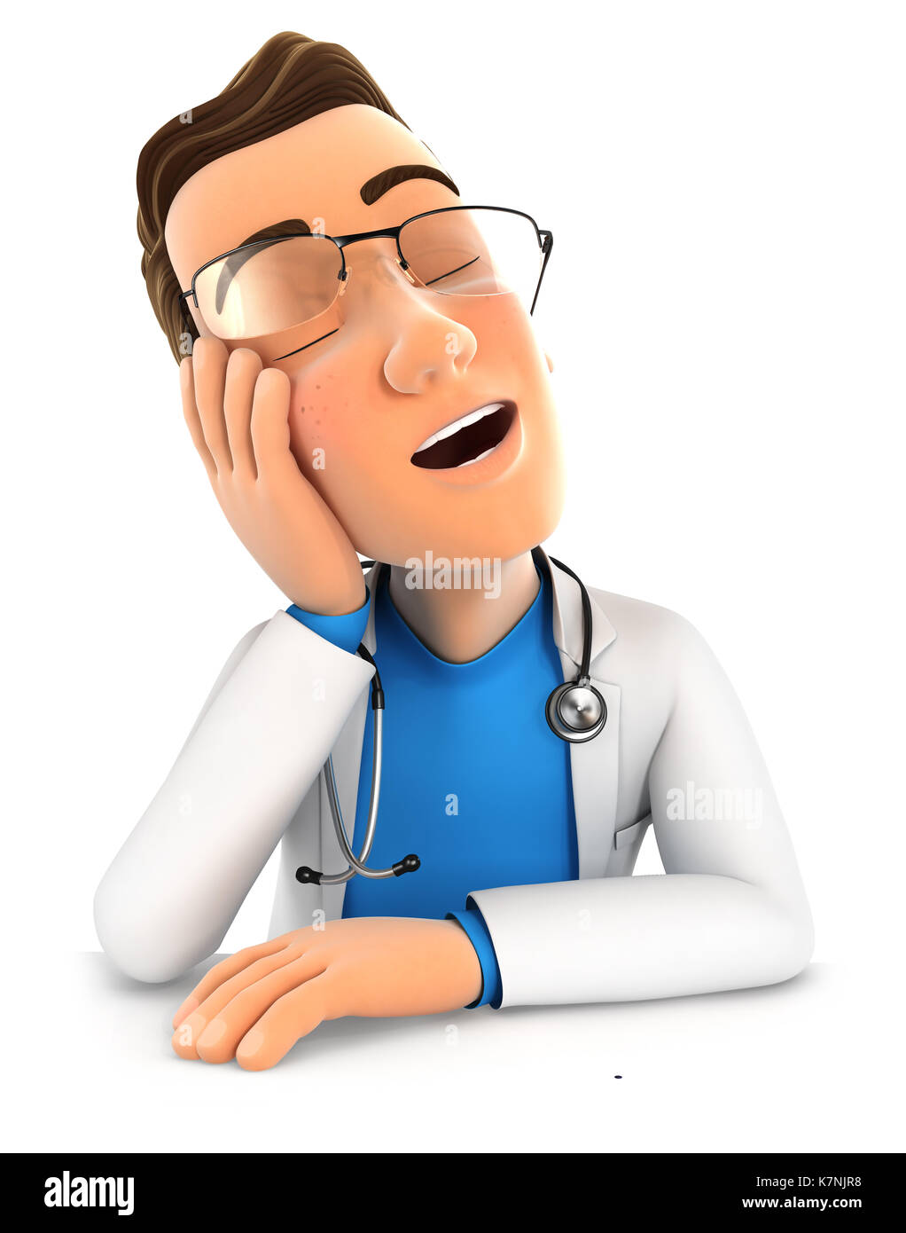 3d doctor fell asleep leaning on his hand, illustration with isolated ...