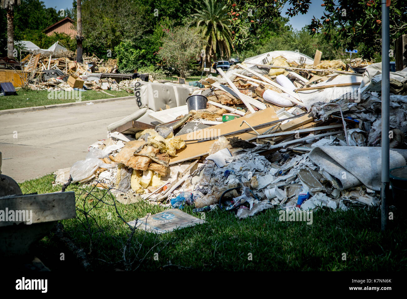 Trash and debris out side of homes devastated by Hurricane Harvey Stock ...