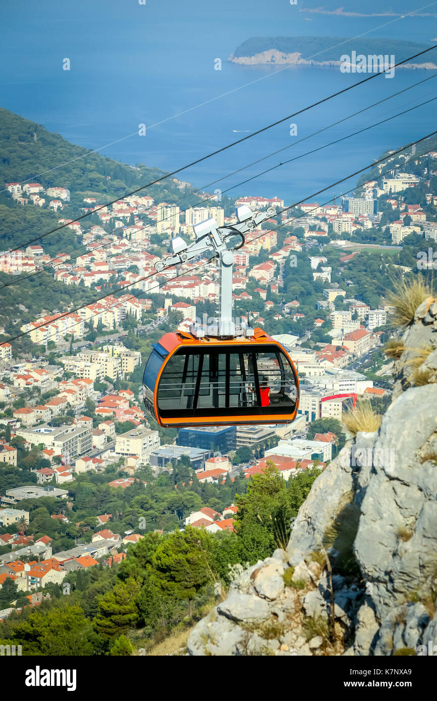 Srd hill, a mountain behind the ancient old town Dubrovnik with cable ...