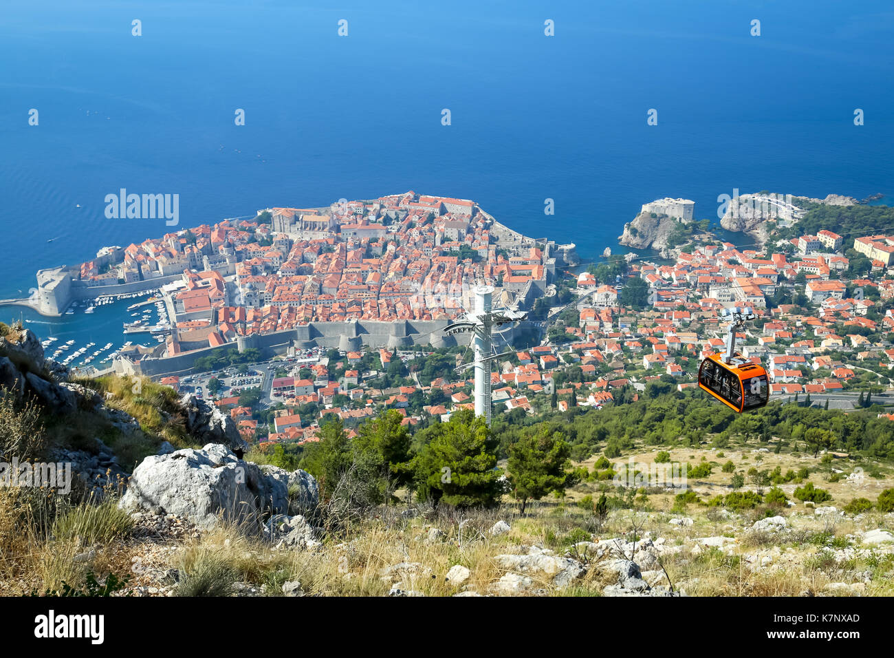 Srd hill, a mountain behind the ancient old town Dubrovnik with cable ...