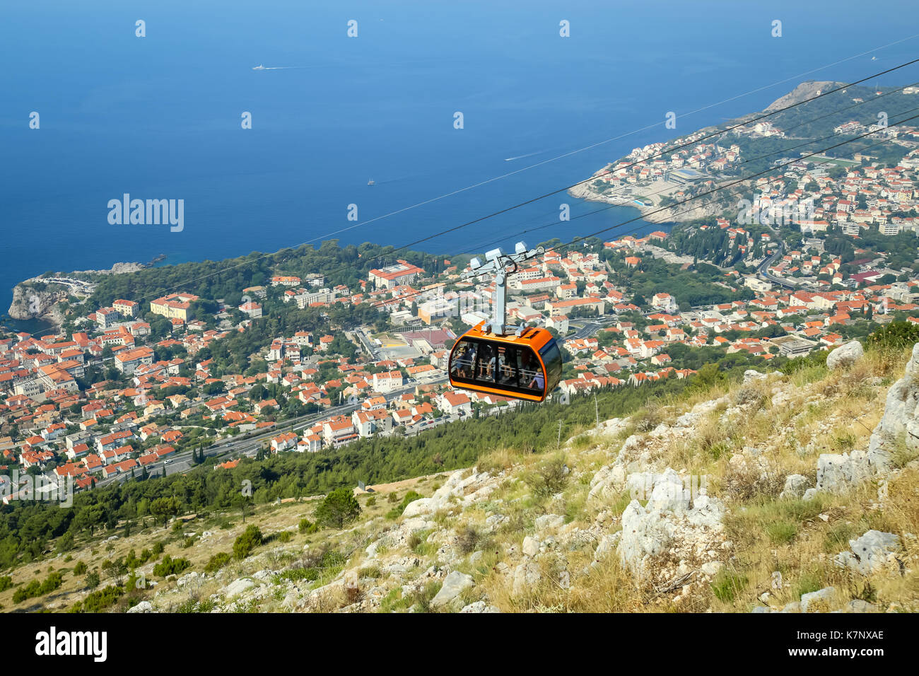 Srd hill, a mountain behind the ancient old town Dubrovnik with cable ...
