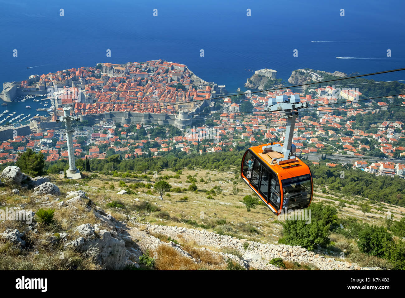 Srd hill, a mountain behind the ancient old town Dubrovnik with cable ...