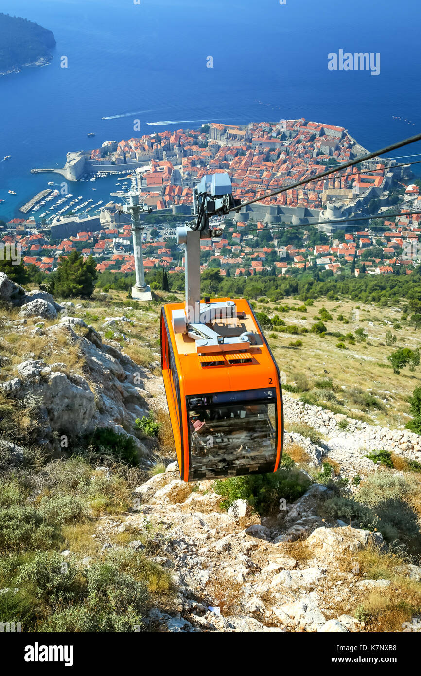 Srd hill, a mountain behind the ancient old town Dubrovnik with cable ...