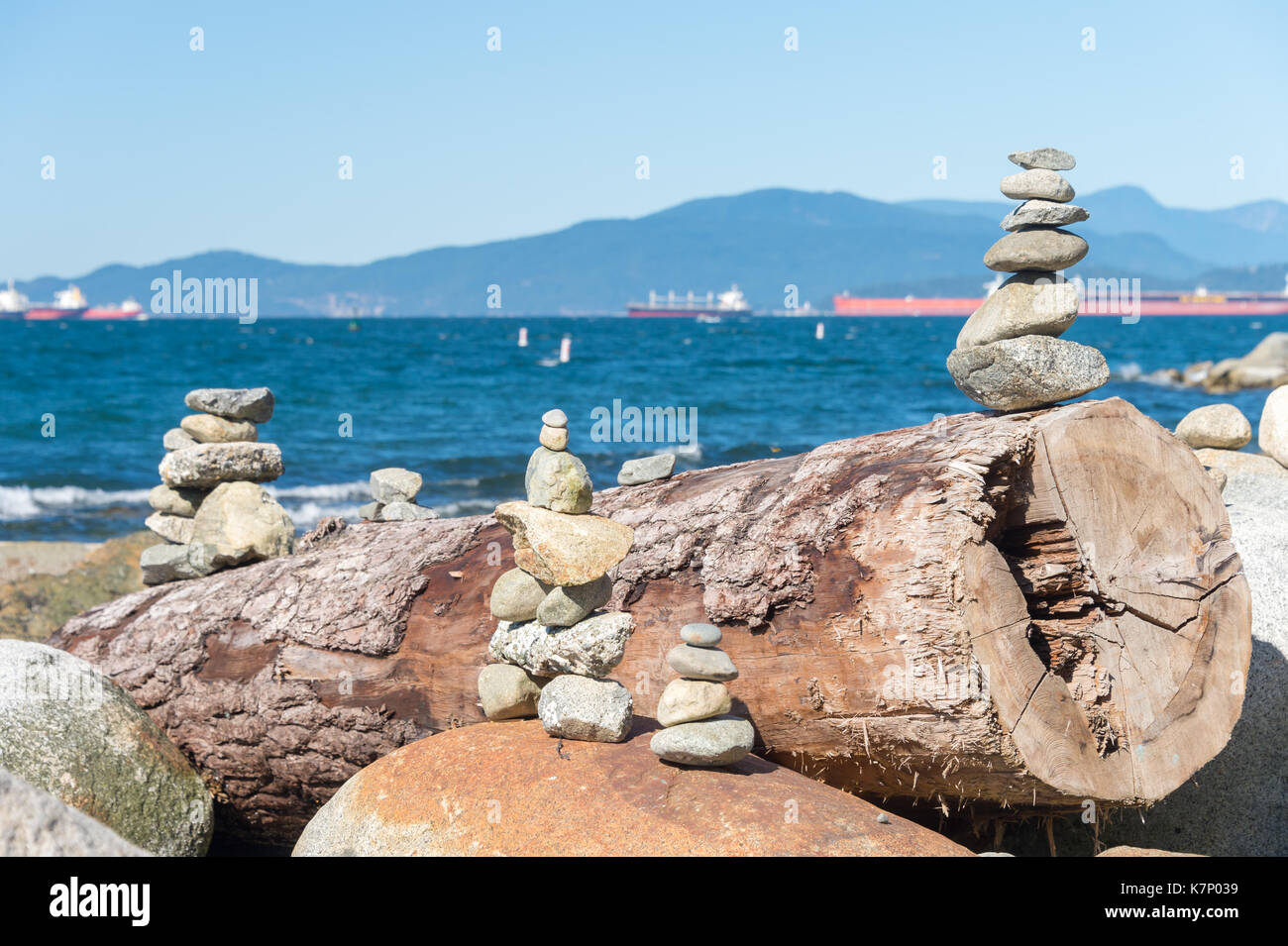 Rock balancing in Vancouver stone stacking garden Stock Photo - Alamy