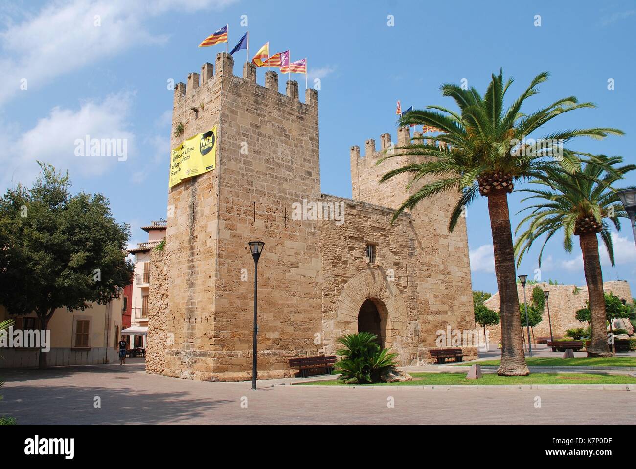 The medieval Xara Gate (Portal del Moll) in the Old Town of Alcudia on ...