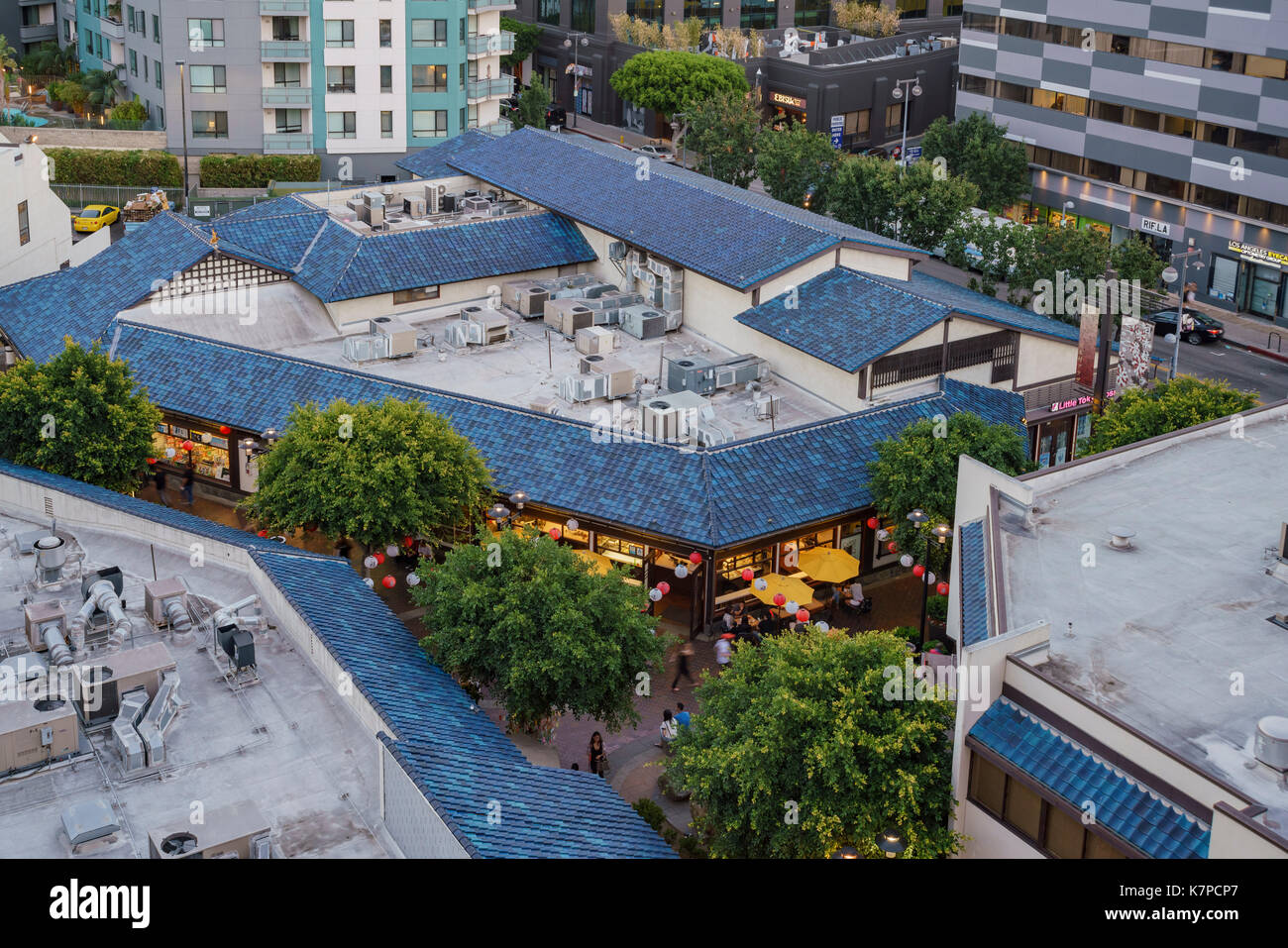 Los Angeles , JUN 15: Sunset Aerial view of Little tokyo on JUN 15 ...