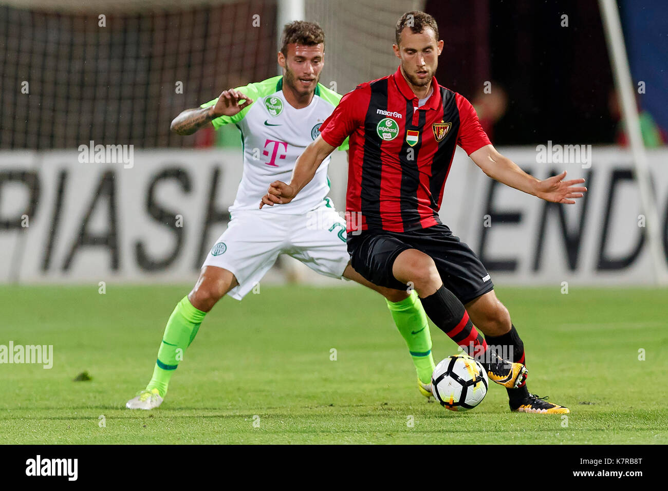 BUDAPEST, HUNGARY - SEPTEMBER 16: Marton Eppel (R) of Budapest Honved ...
