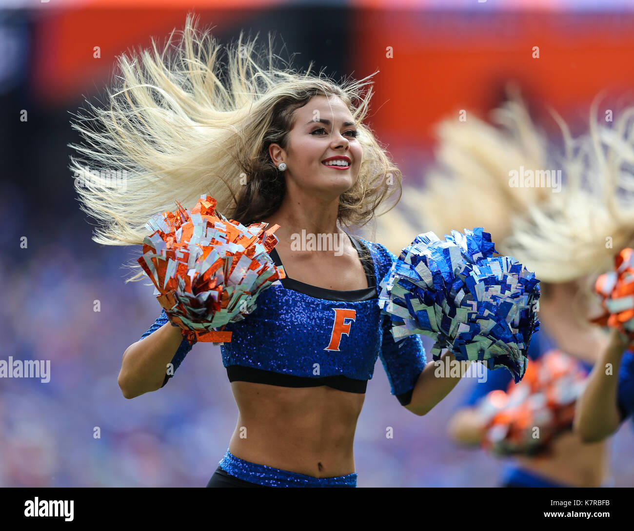 Gainesville, Fla, USA. 16th Sep, 2017. Member of the Gator cheer squad ...