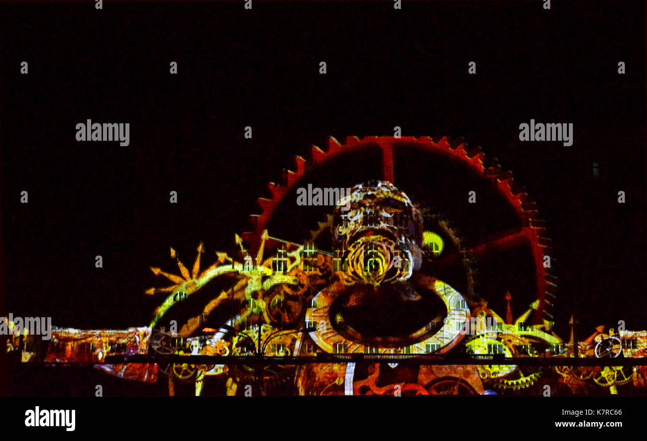 BUCHAREST, ROMANIA - 16 SEPTEMBER 2017: 3D video maps are projected ...