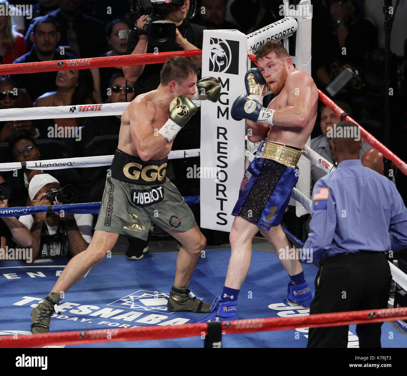 Las Vegas, Nevada, USA. 17th Sep, 2017. Boxers Canelo Alvarez and ...