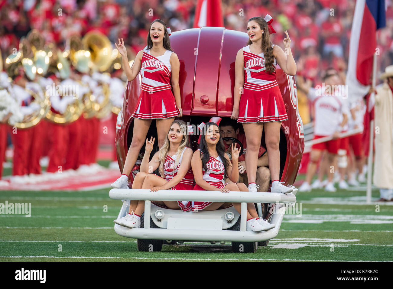 Houston, TX, USA. 16th Sep, 2017. Houston Cougars cheerleaders ride in ...