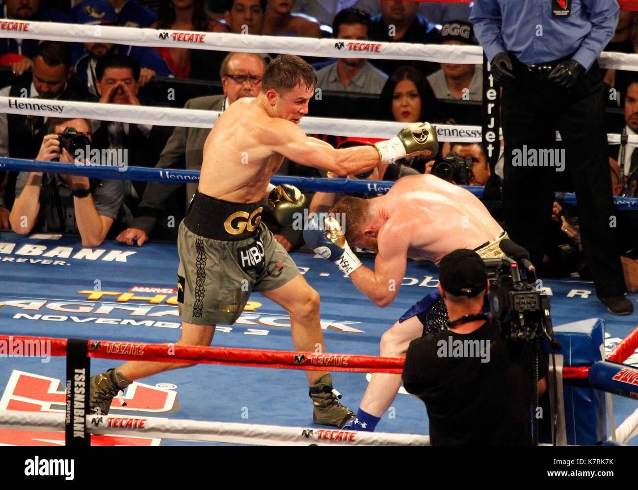 Las Vegas, NV, USA. 16th Sep, 2017. Gennady Golovkin and Canelo Alvarez ...