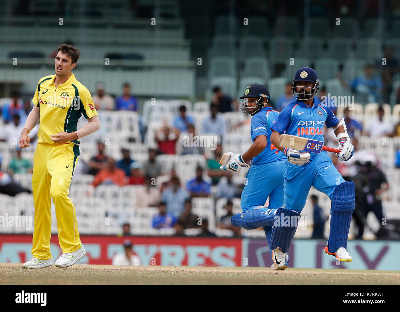 Chennai, India, 17th Sep 2017. Rahane & Rohit Sharma running between ...