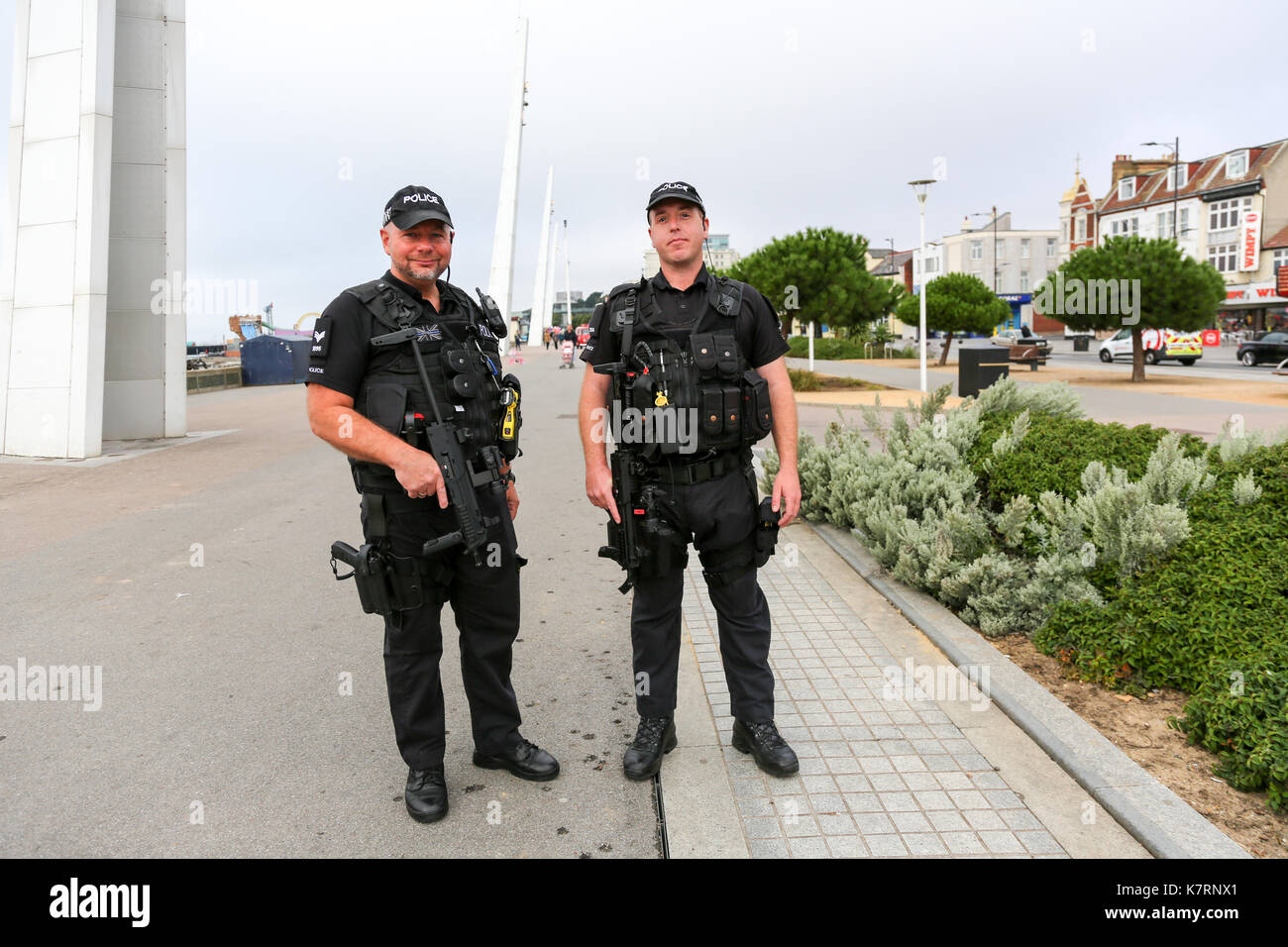 17th Sept, 2017. Armed police on the streets of the coastal town ...