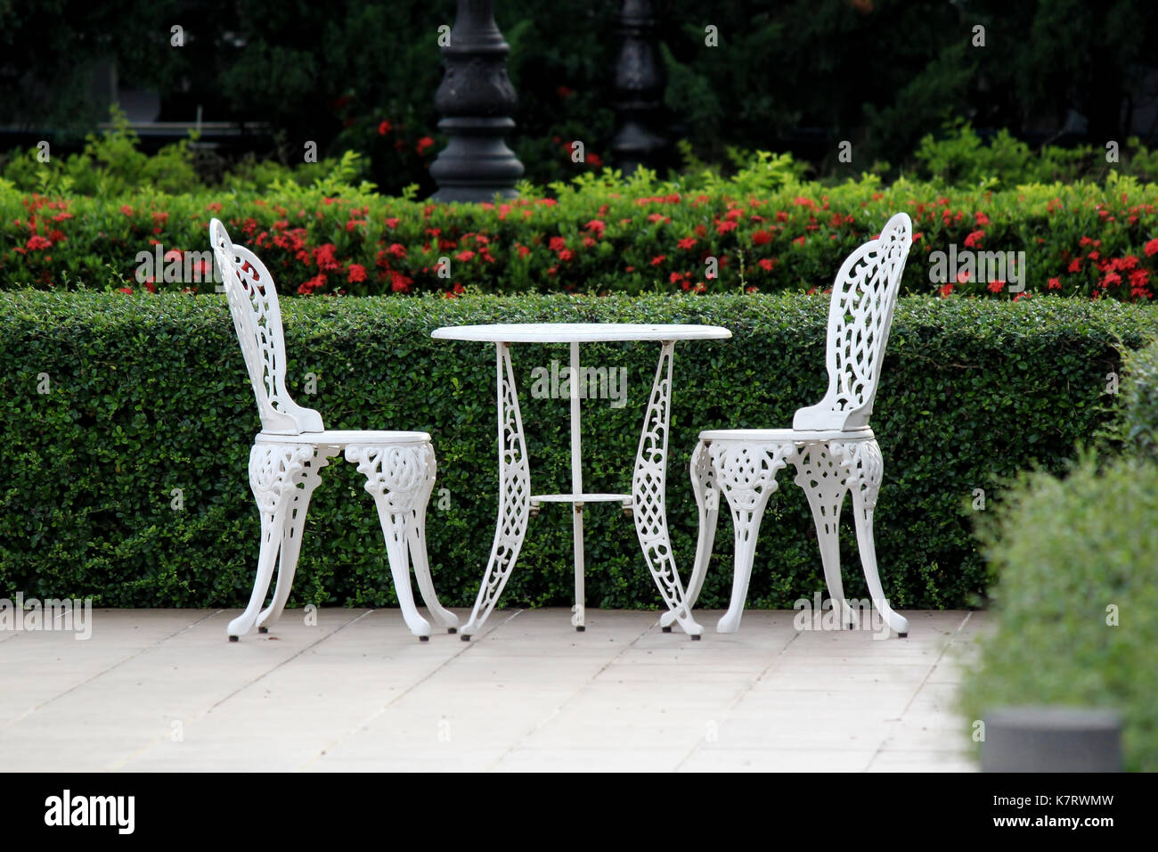white table and chair in the beautiful garden Stock Photo - Alamy