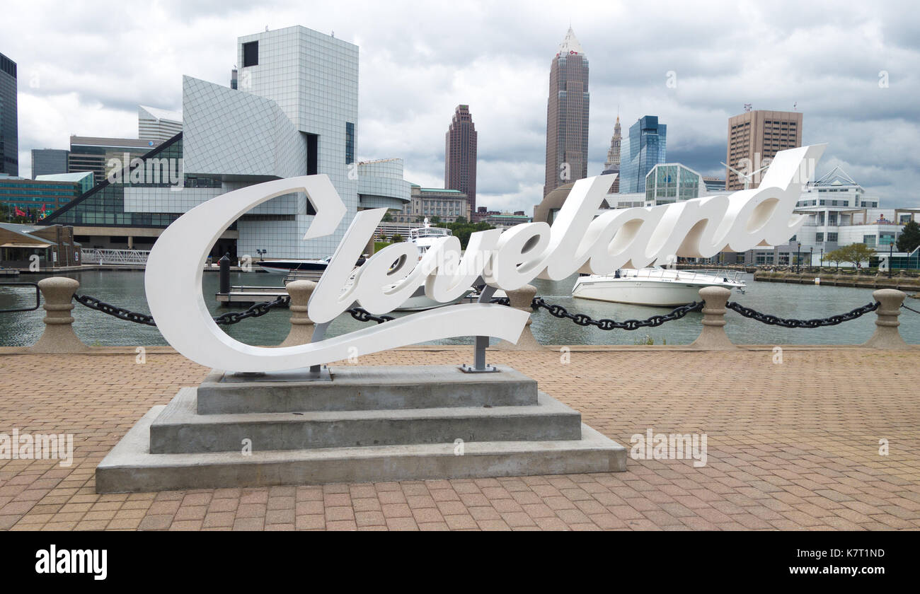 The Cleveland sign, in front of the Rock and Roll Hall of Fame and the ...