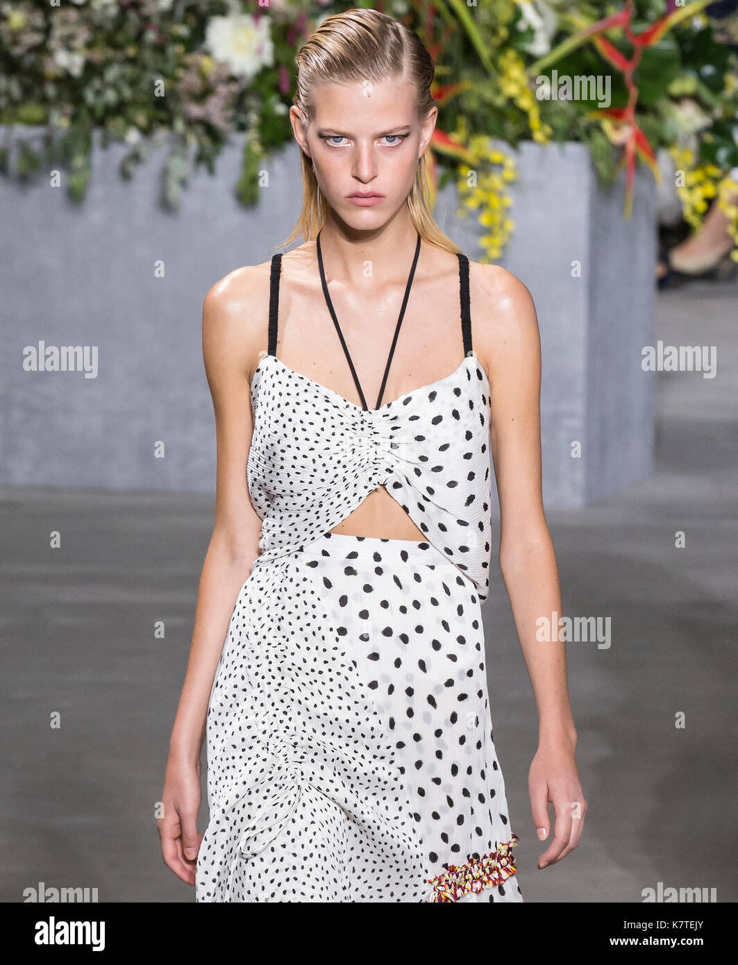 NEW YORK, NY - September 08, 2017: Line Kjaergaard walks the runway at ...