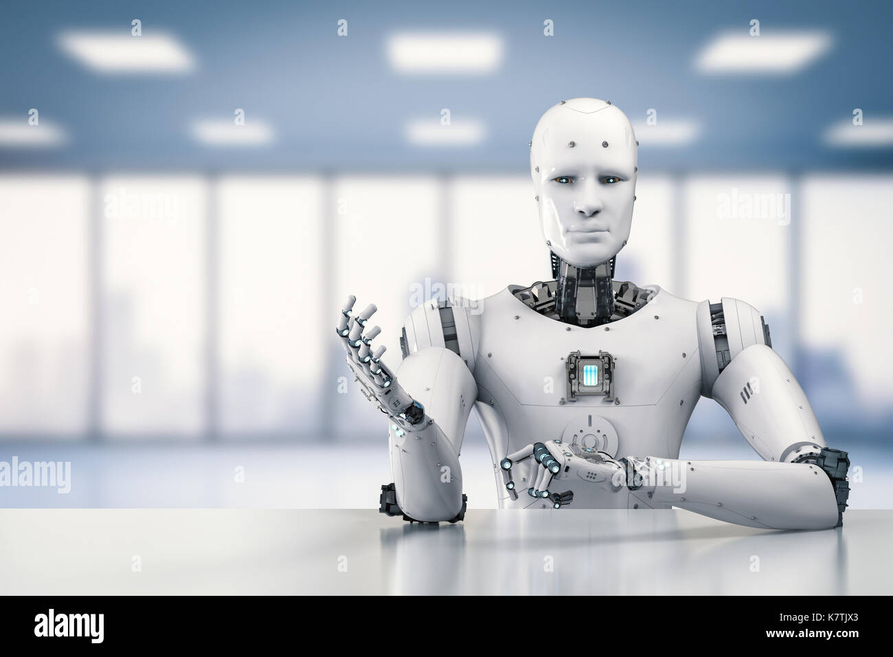 3d rendering humanoid robot sitting behind table on white background ...