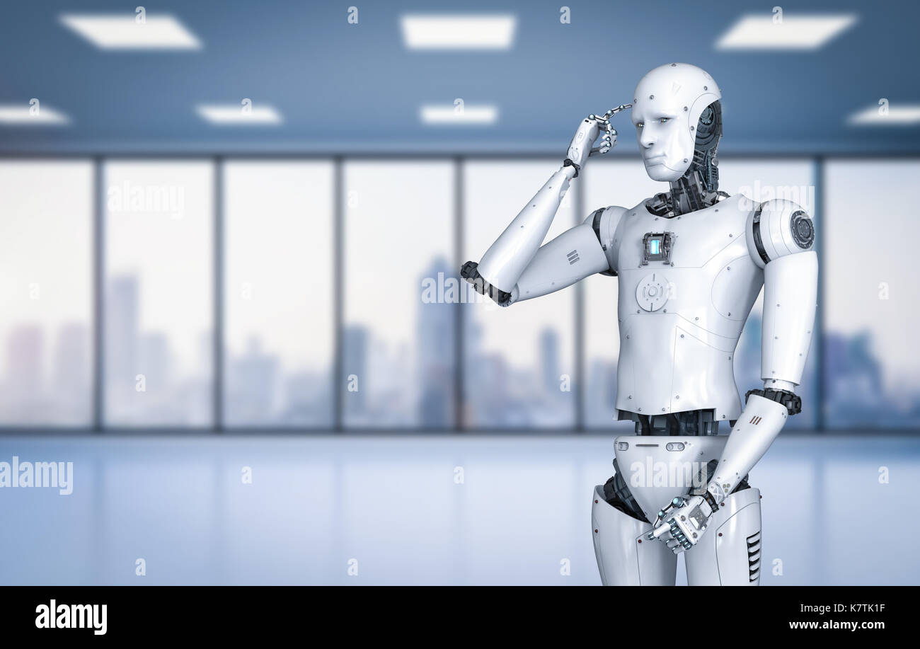 3d rendering android robot thinking with finger point at head Stock ...