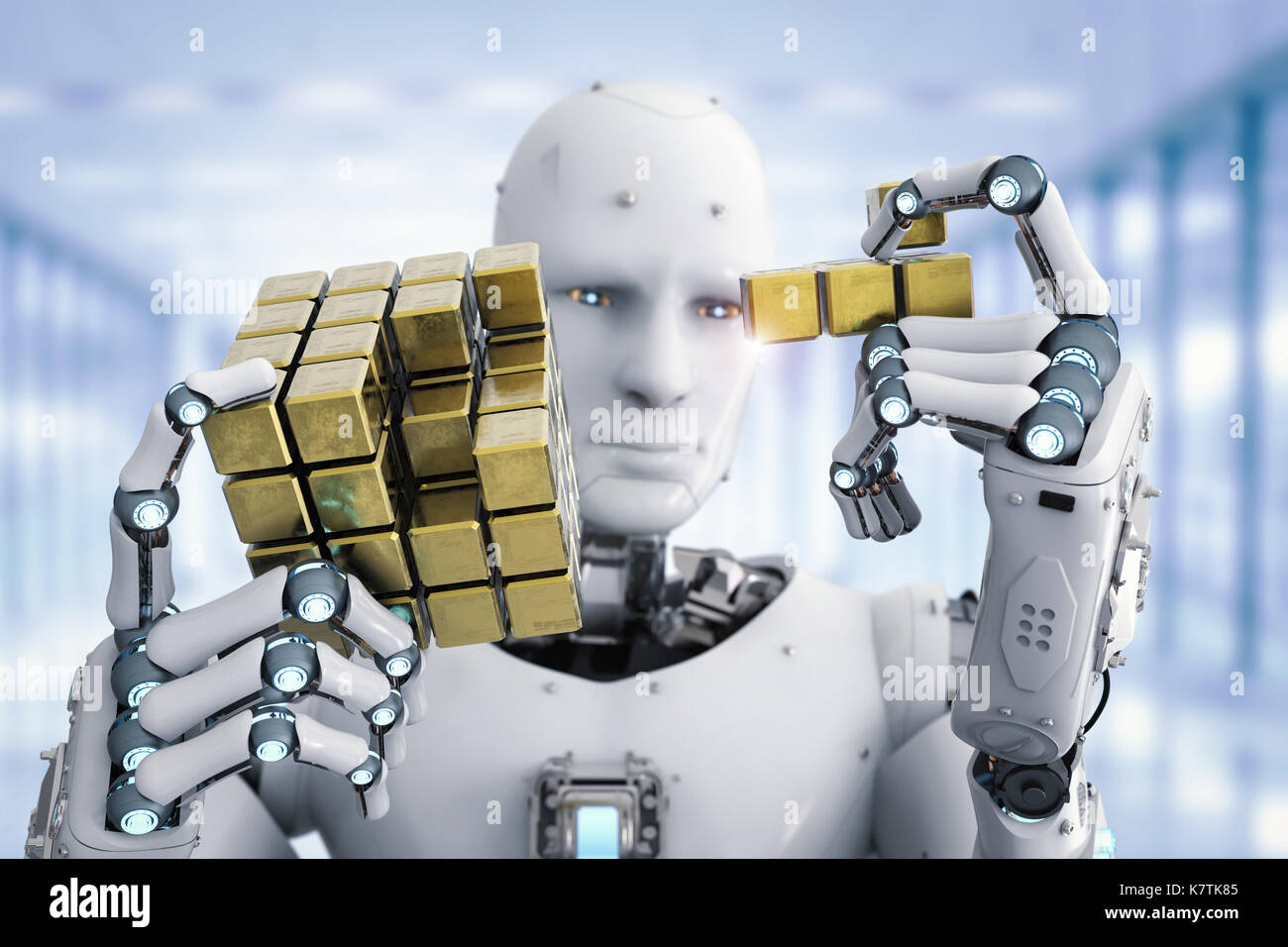 3d rendering humanoid robot playing cube puzzle Stock Photo - Alamy