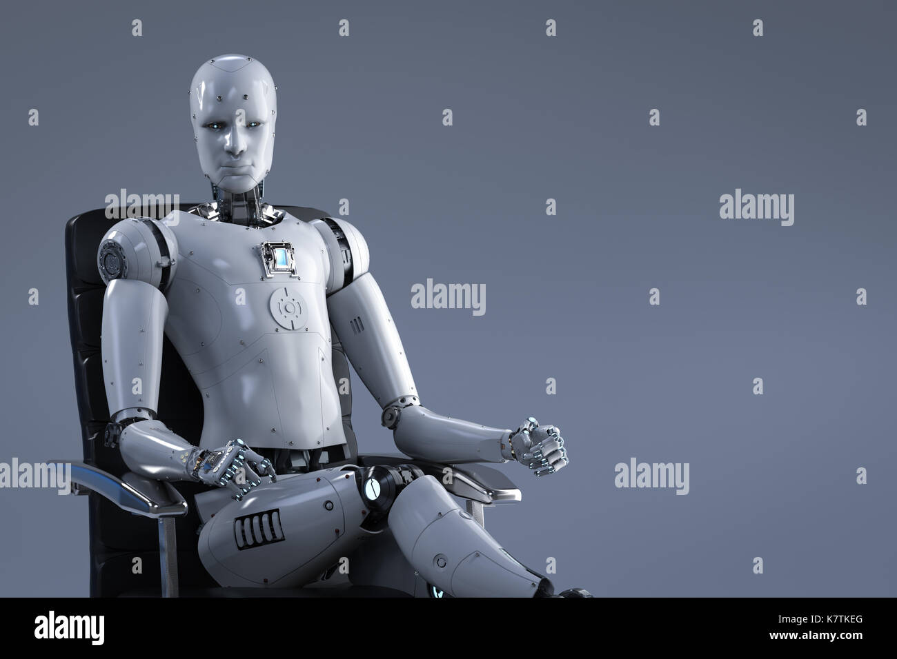 3d rendering humanoid robot sit on office chair Stock Photo - Alamy