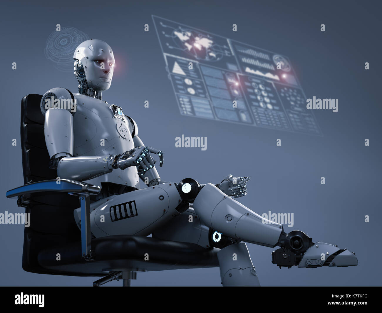 3d rendering humanoid robot sit on office chair Stock Photo - Alamy