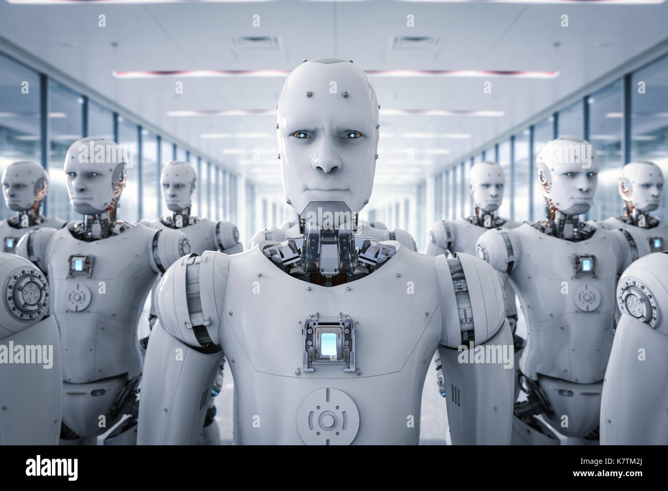 3d rendering robot army or group of cyborgs in factory Stock Photo - Alamy
