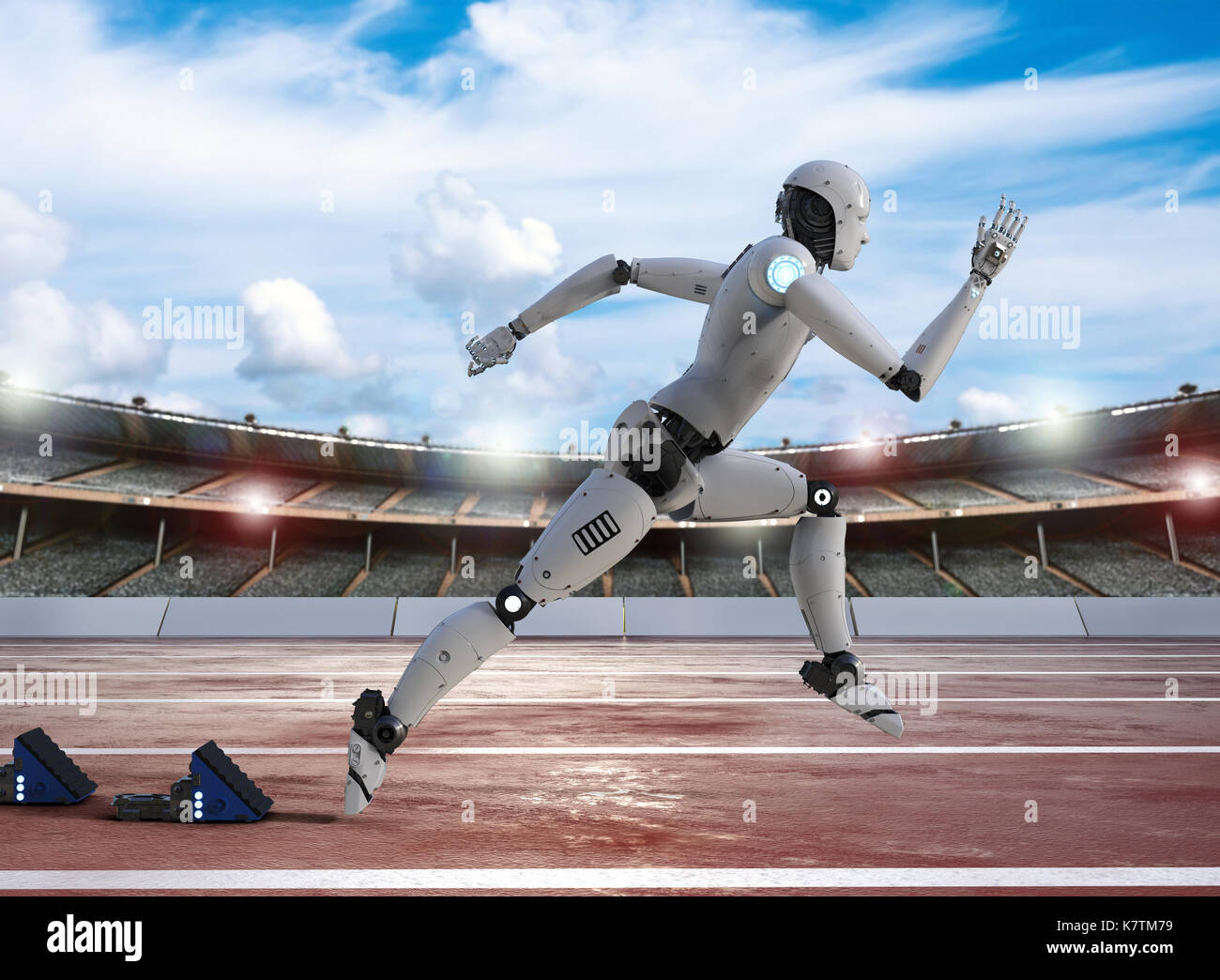 3d rendering robot running on racecourse in stadium Stock Photo - Alamy
